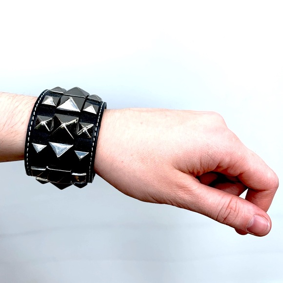 Jewelry | Punk Goth Black Real Leather Wrist Cuff Bracelet Metal ...